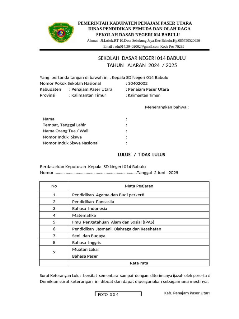Surat Keterangan Lulus SD 014 Babulu | PDF