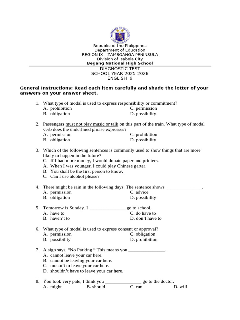 English 9 Diagnostic Test for Students | PDF | Bias | Argument
