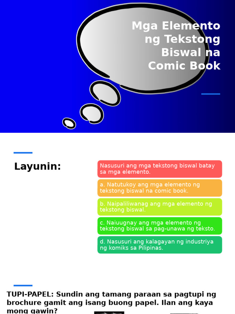 Q2 Fil 7 Week 8 Mga Elemento NG Tekstong Biswal Na Comic Book | PDF