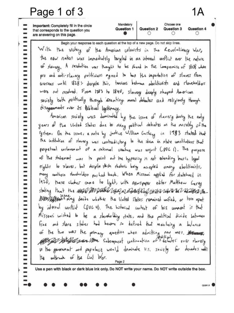 APUSH DBQ Practice Slavery 1783 - 1840 2024 Student Samples A - C | PDF