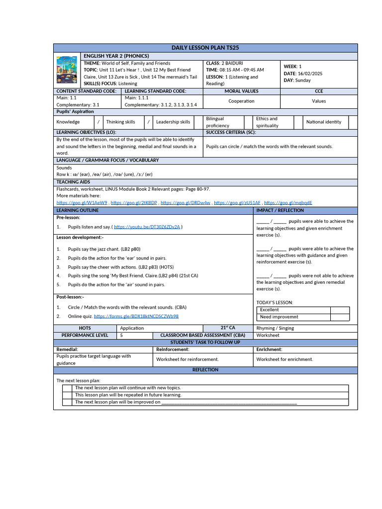 satu | PDF | Lesson Plan | Behavior Modification