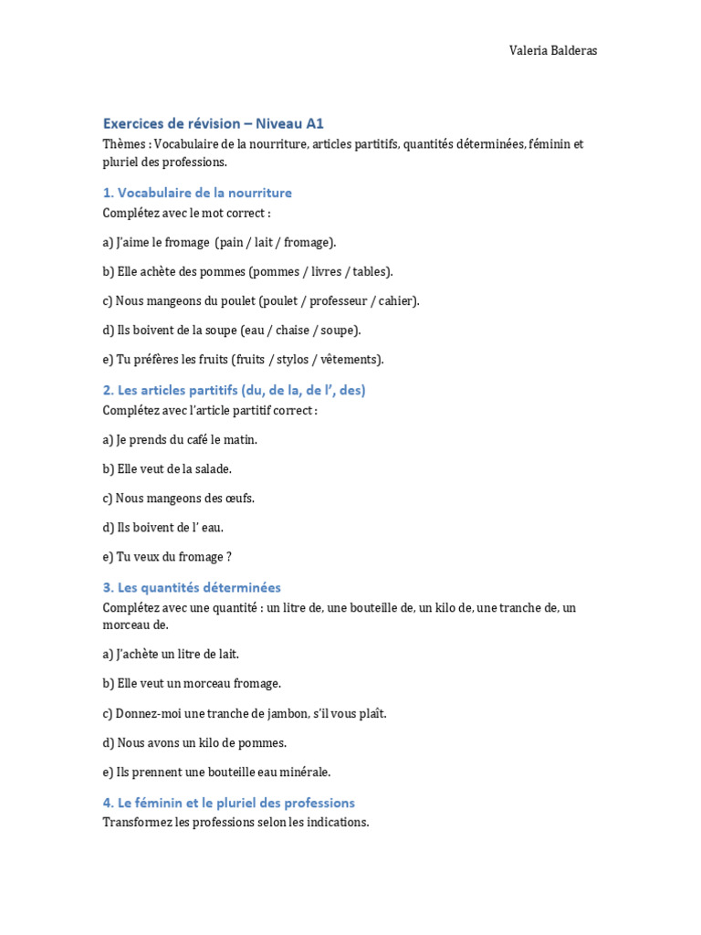 Exercices FLE A1 : Vocabulaire et Grammaire | PDF