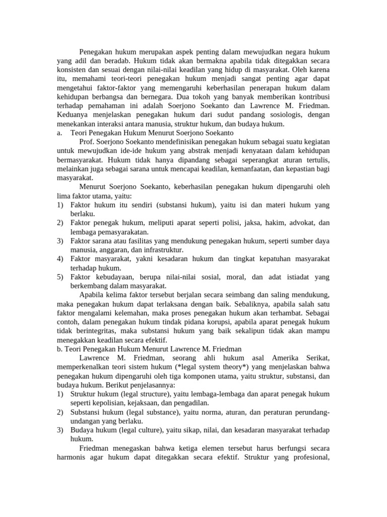 Teori Penegakan Hukum Soerjono Soekanto Dan Lawrence Friedman | PDF