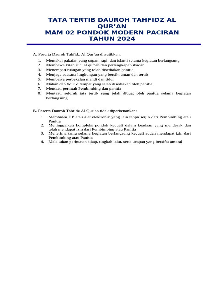 Tata Tertib Dauroh Tahfidz 2024 | PDF