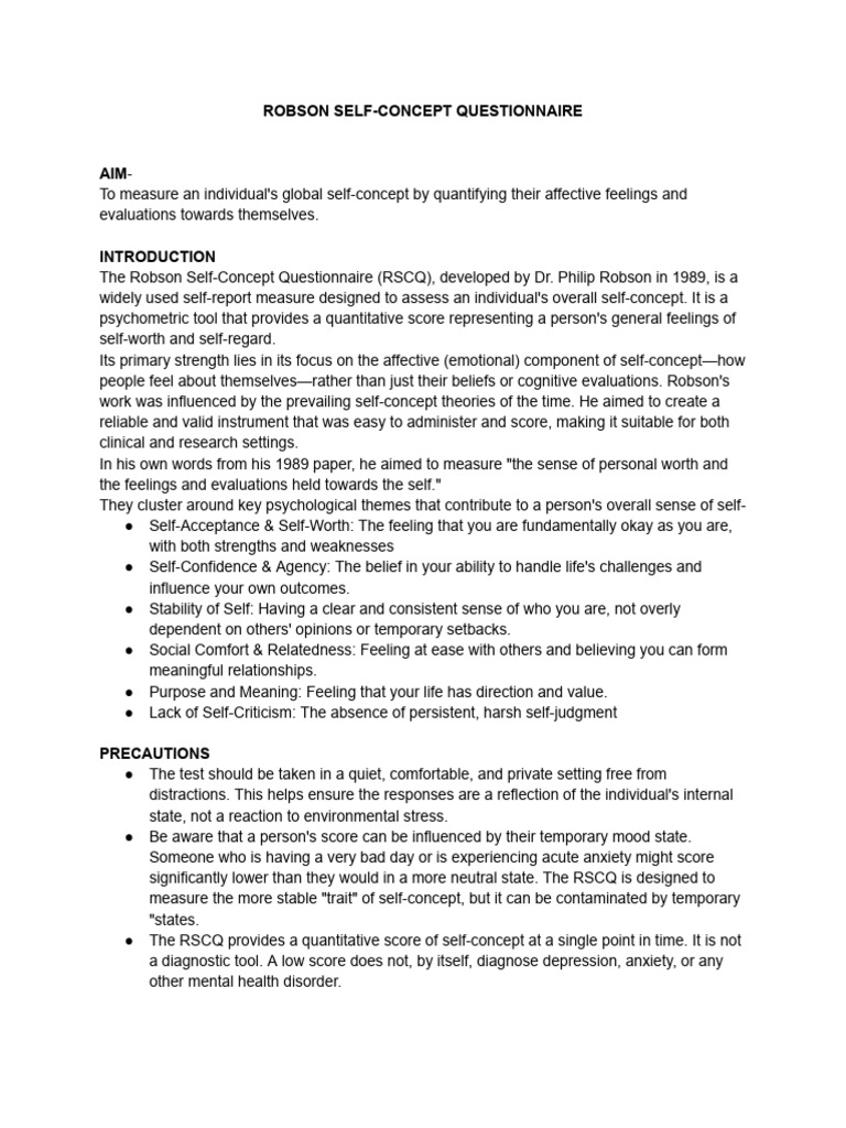 Robson Self-Concept Questionnaire Overview | PDF | Self Concept ...