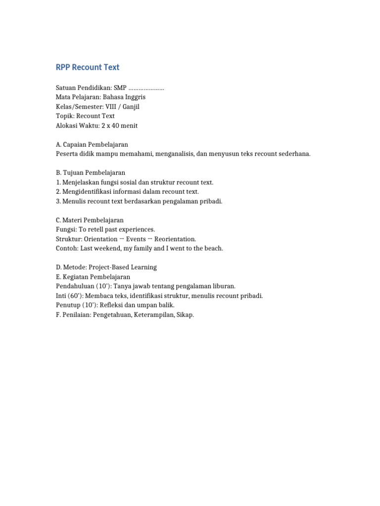 RPP Pembelajaran Recount Text SMP | PDF