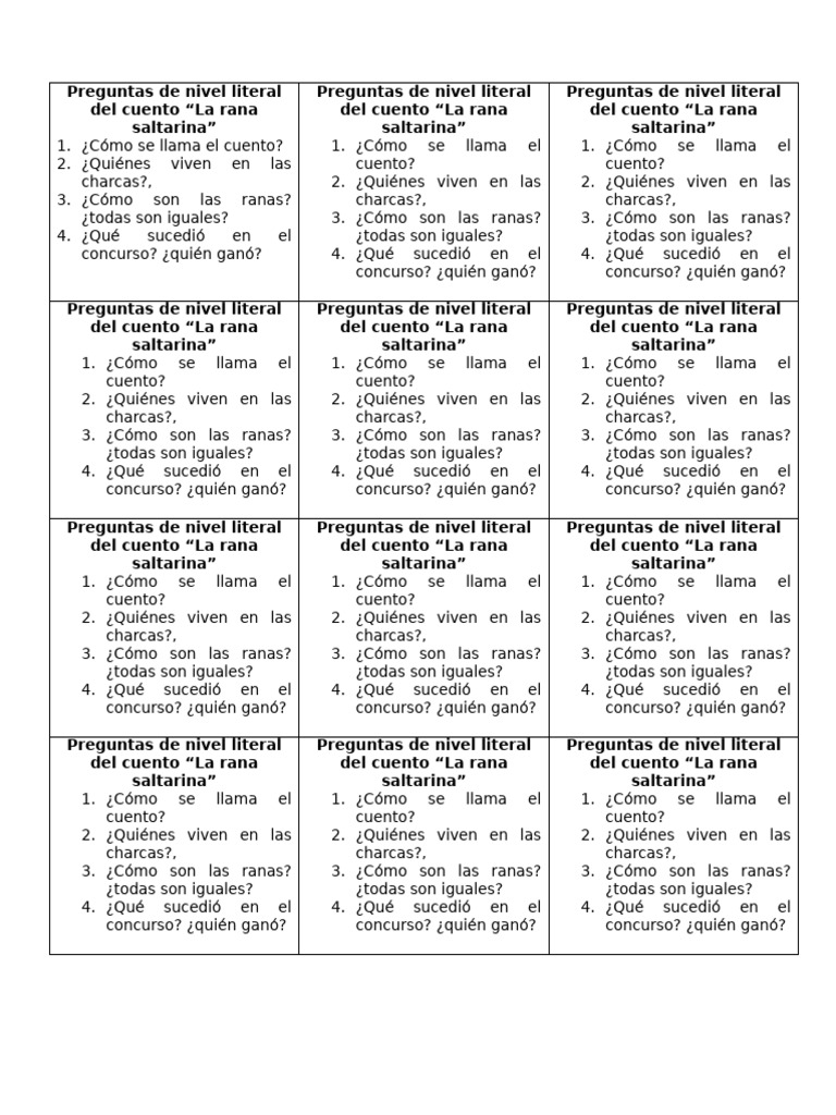 Preguntas de Nivel Literal Del Cuento | PDF