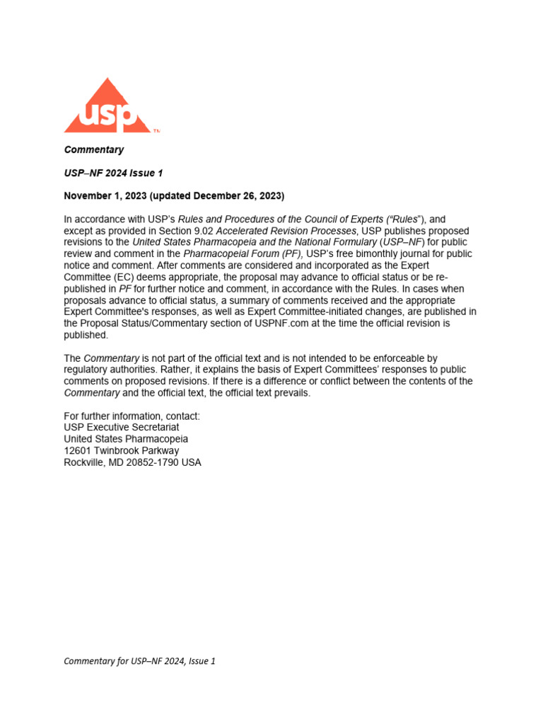Usp NF 2024 Issue 1 Commentary 20231226 | PDF | Surfactant | Wetting