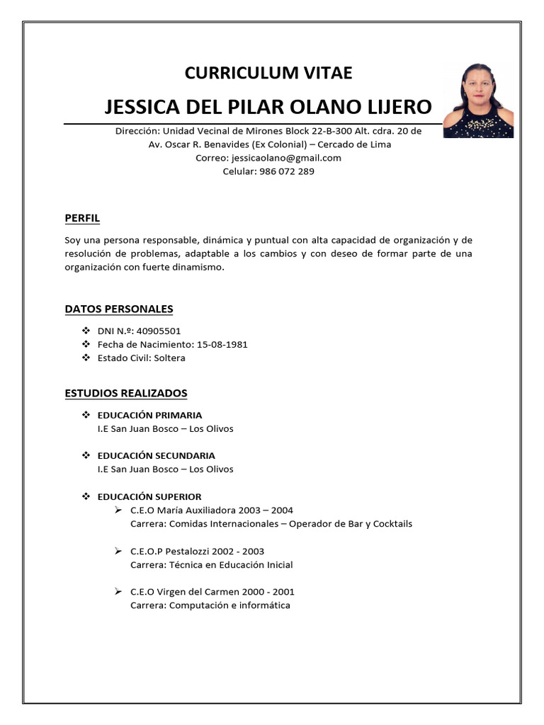 CV - Jessica Del Pilar Olano Lijero | PDF