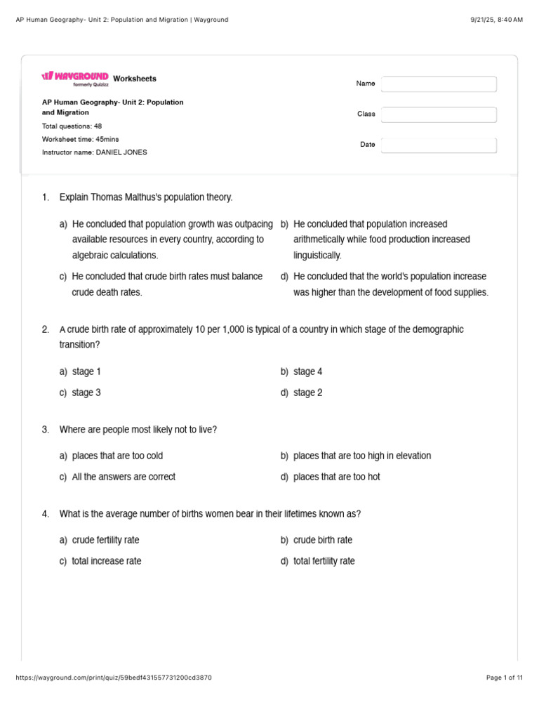 AP Human Geography - Unit 2: Population and Migration - Wayground | PDF ...