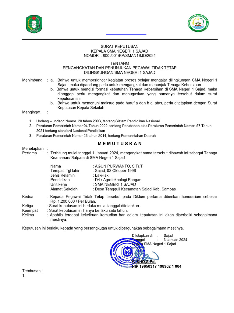 Pengangkatan Tenaga Kebersihan SMA Sajad | PDF