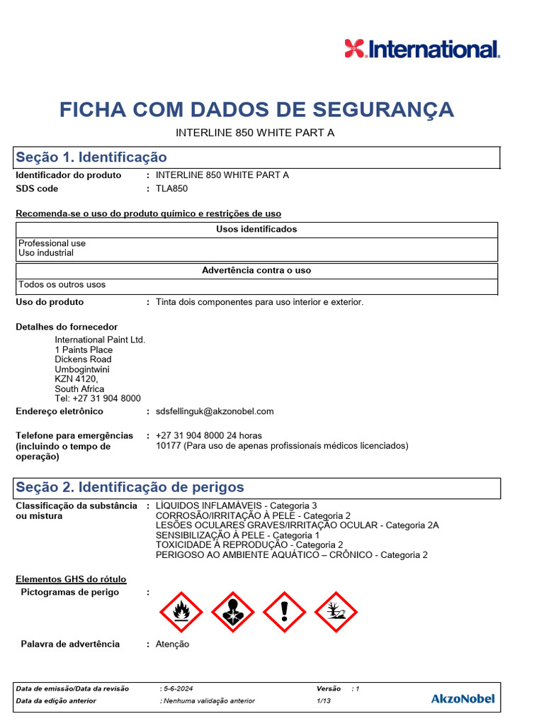 Tinta Interline 850 WHITE - Part A (2024) - PORT | PDF | Desperdício | Águas residuais