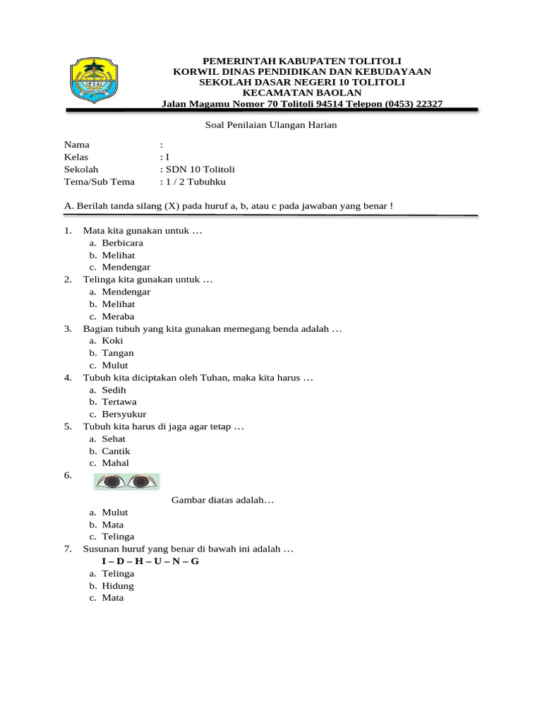 Soal Ulangan Harian Kelas I SDN 10 Tolitoli | PDF