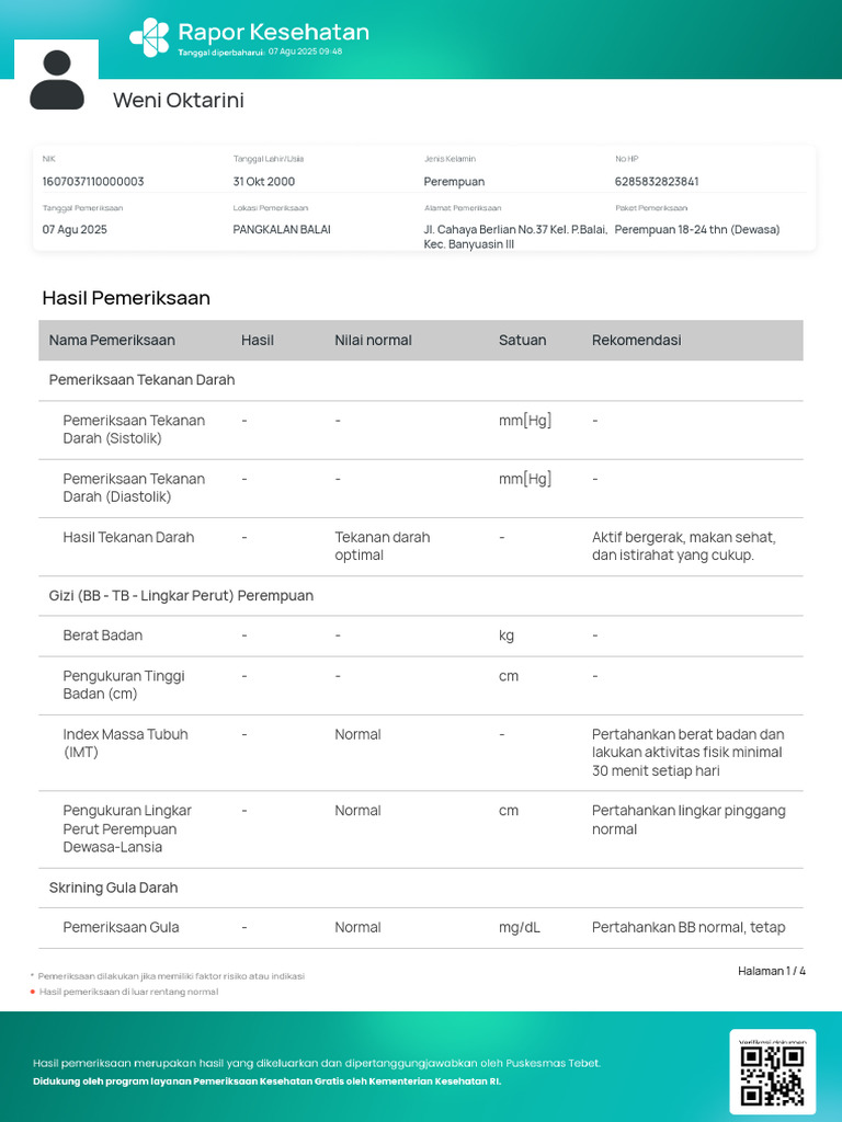 RAPOR KESEHATAN Rapor Kesehatan Weni Oktarini 104 | PDF
