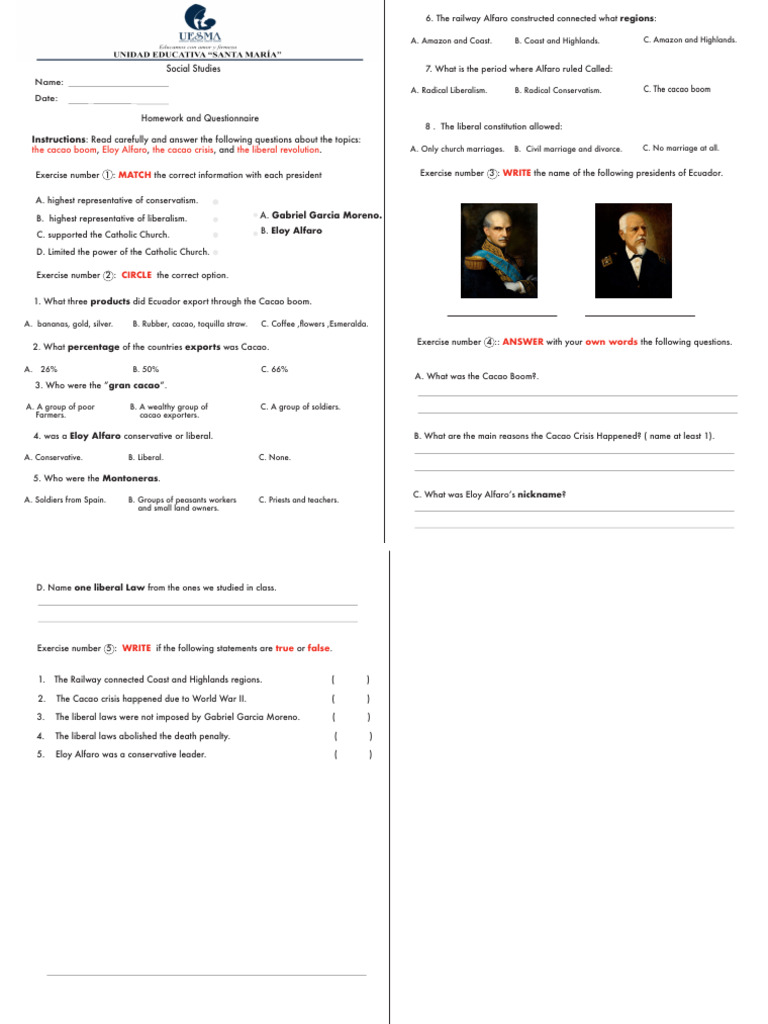 6th Grade 1st Term Second Semester Questionnaire and Homework | PDF | Ecuador