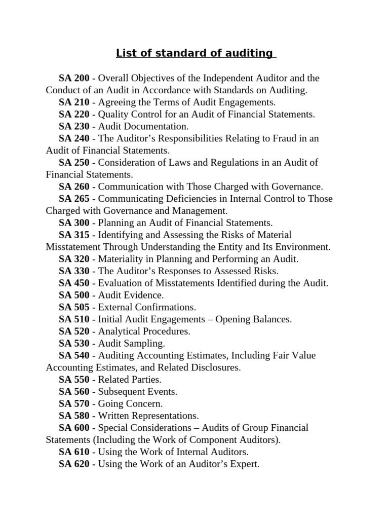 List of Standard of Auditing | PDF