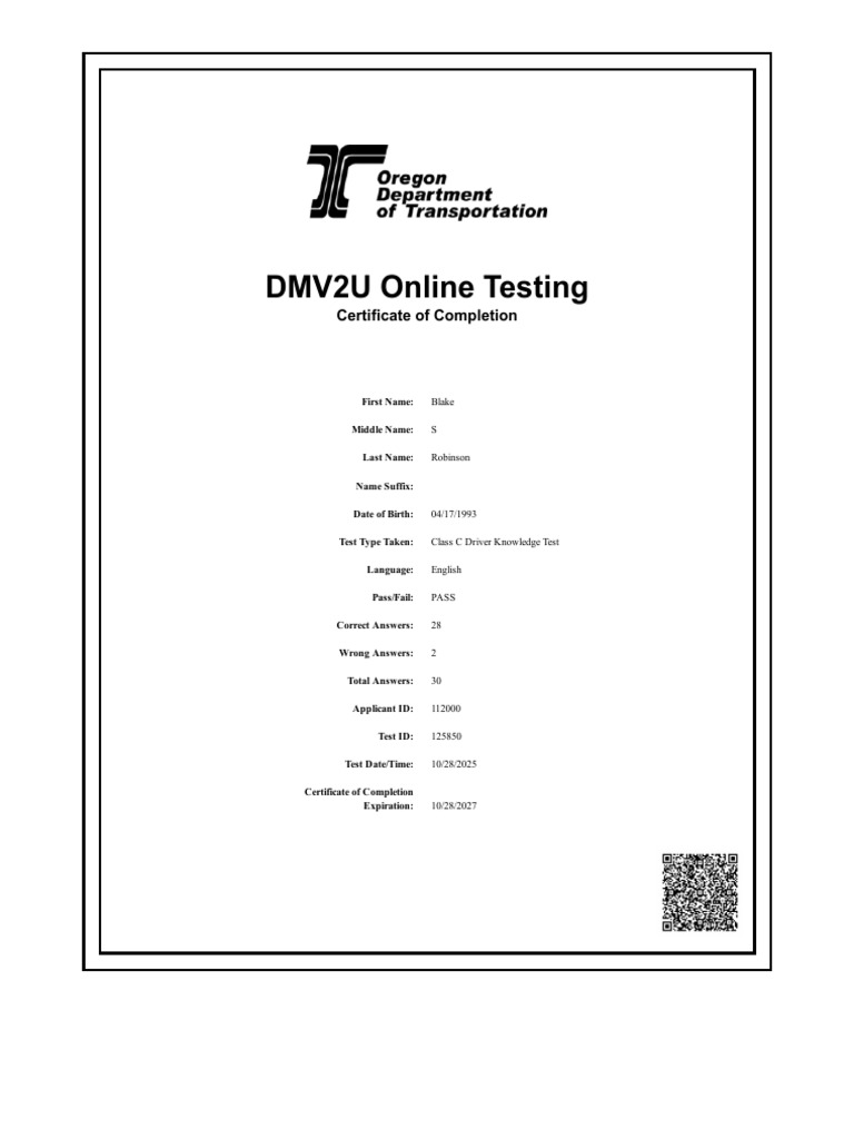 DMV2U Class C Test Completion Certificate | PDF
