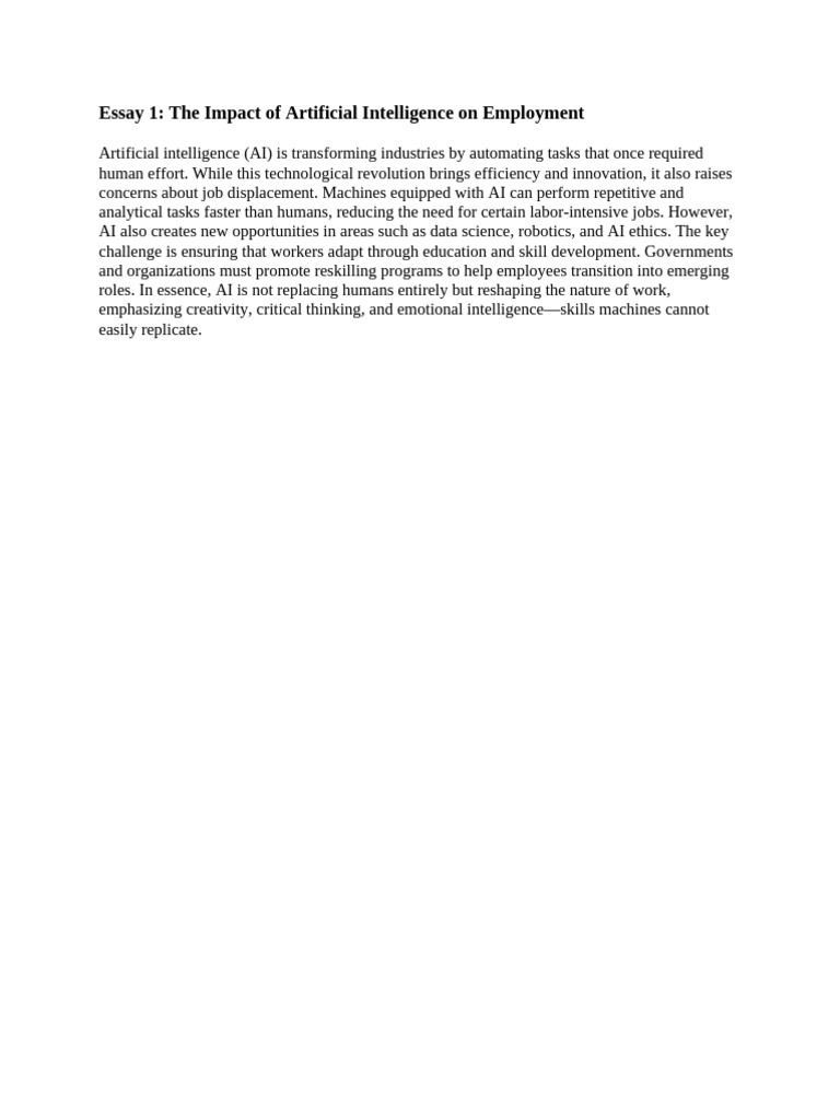 Essay 1 - The Impact of Artificial Intelligence On Employment | PDF
