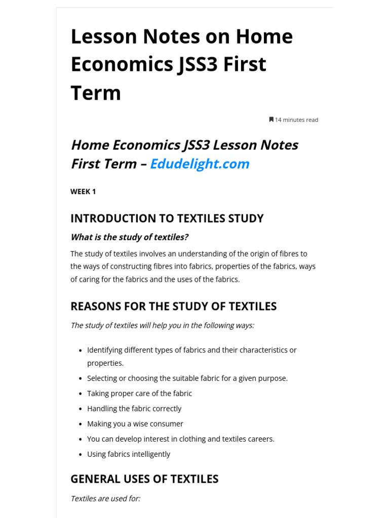 Lesson Notes On Home Economics JSS3 First Term | PDF | Yarn | Textiles