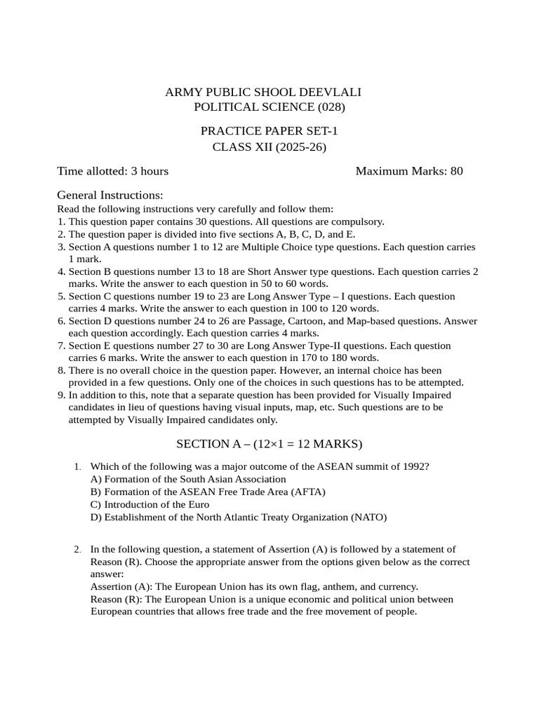 Class 12 Political Science Practice Paper Set 1 | PDF | Indian National ...