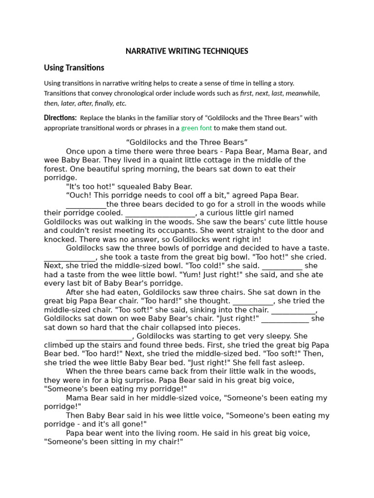 Narrative Writing Techniques | PDF | Goldilocks And The Three Bears