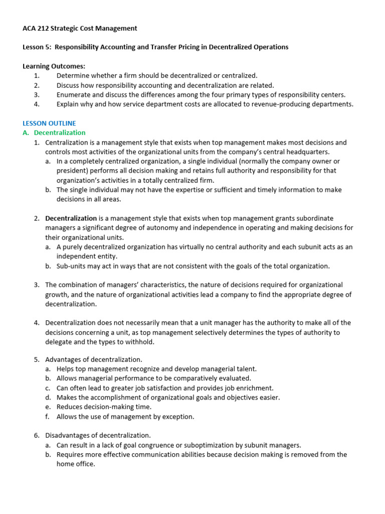 Responsibility Accounting - Notes | PDF | Profit (Economics ...