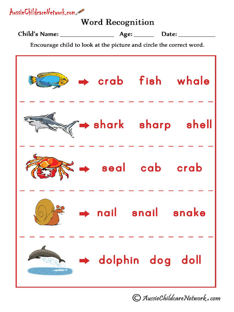 Word Recognition Sea Animals | PDF