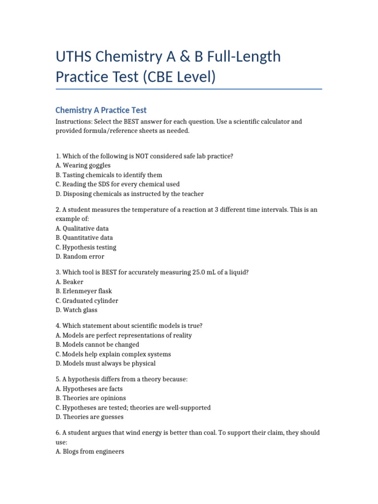 UTHS Chemistry Practice Test | PDF | Periodic Table | Atoms