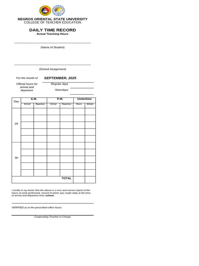 Daily Time Record for Teaching Hours | PDF