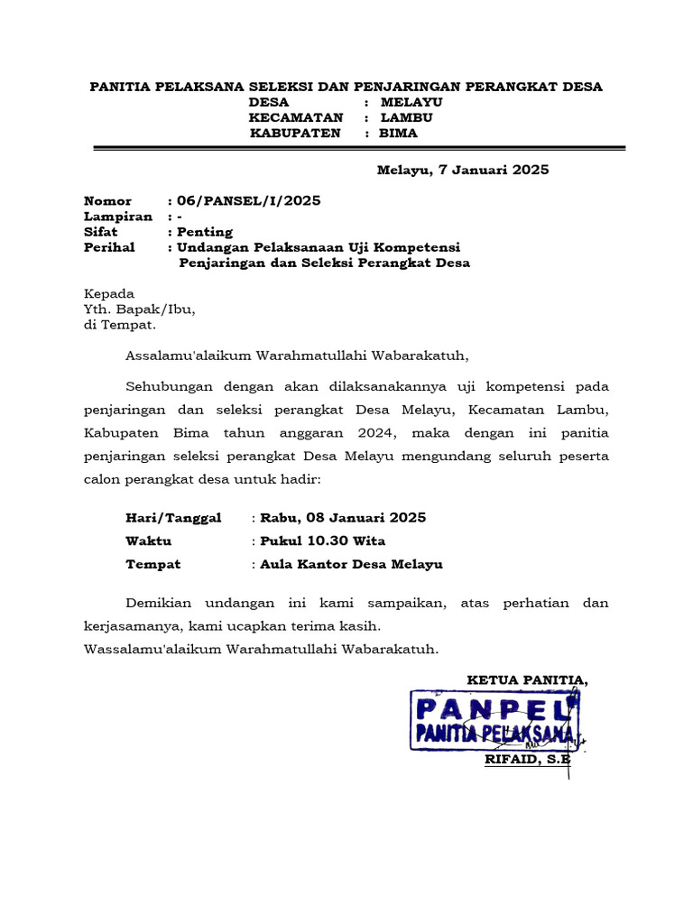Undangan Tes Seleksi Perangkat Desa Melayu | PDF