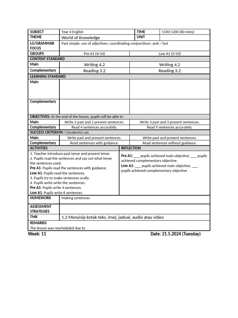 English Lesson Plan Week 11 | PDF | Subject (Grammar) | English Language