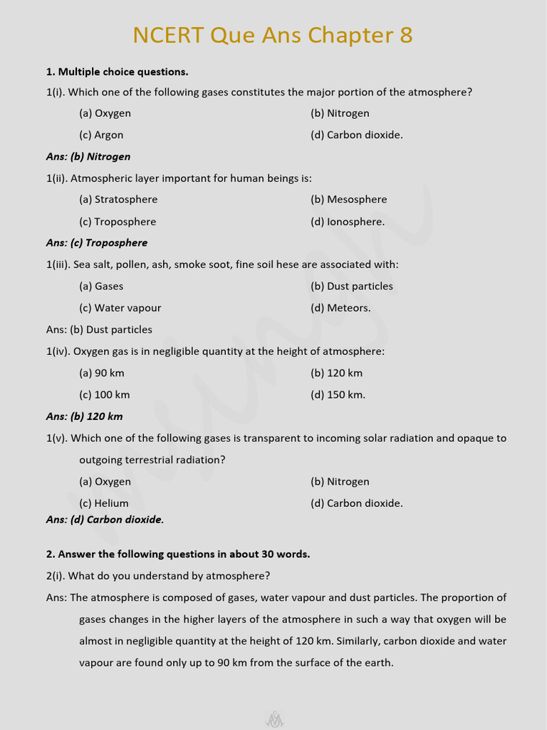 Chapter 8 NCERT Que Ans Composition and Structure of Atmosphere | PDF ...