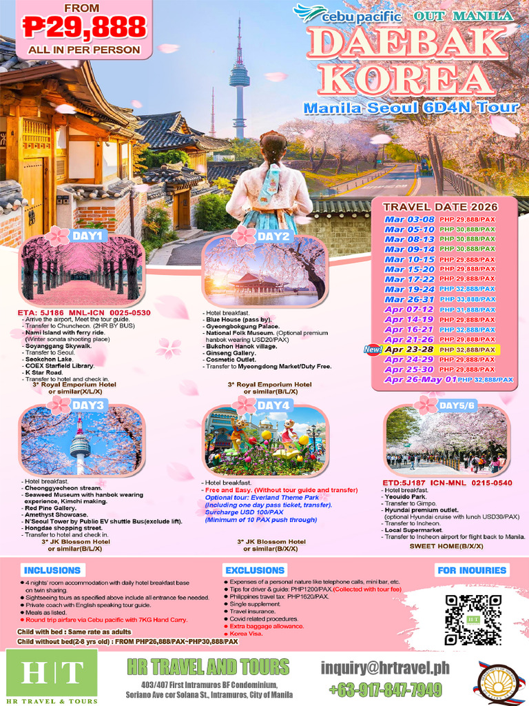 2026 March April, Manila Seoul 6D4N Tour Via 5J | PDF