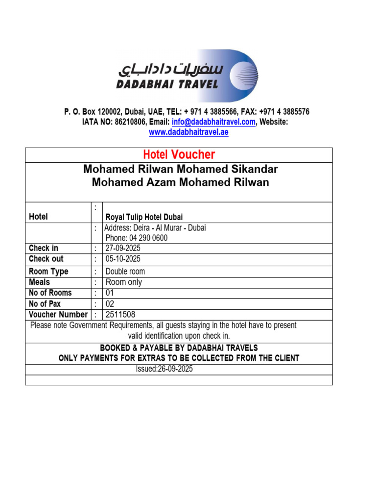 Dubai Hotel Voucher for Royal Tulip | PDF