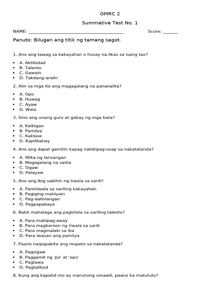 GMRC 2 - Summative - Test - Q2 - W1-W2 | PDF