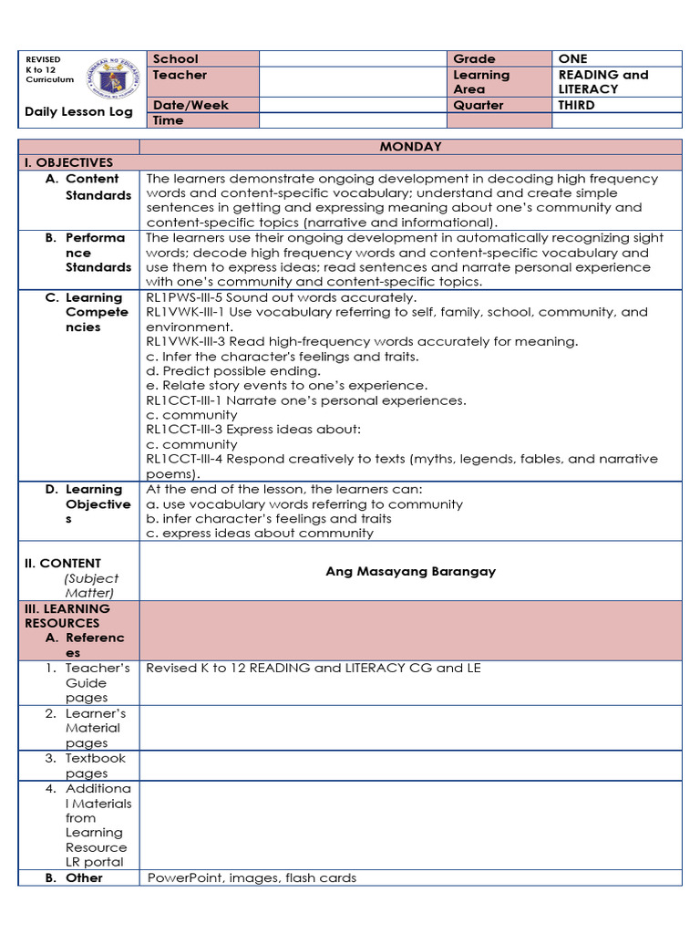 w1q3 Day4 Reading and Literacy 1 | PDF | Learning | Education Theory