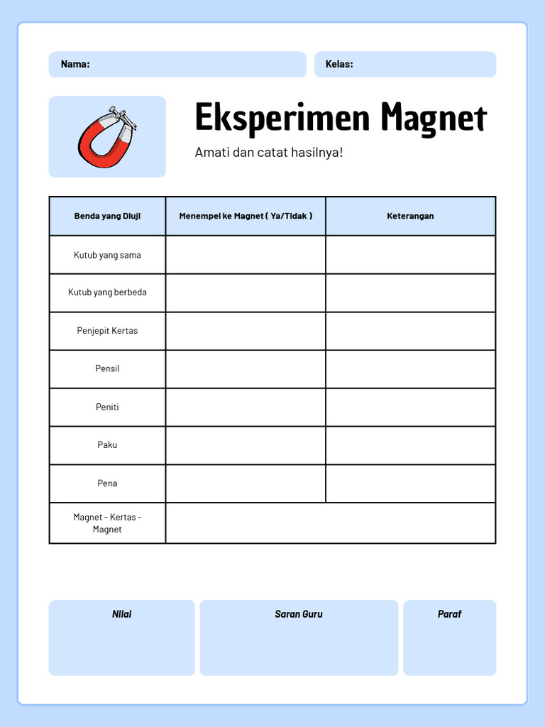 Lembar Kerja Biru Muda Dan Putih Tema Eksperimen Magnet Gaya Sederhana ...