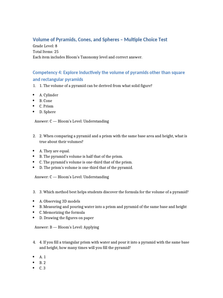 Volume Pyramids Cones Spheres Quiz With Blooms | PDF | Volume | Sphere