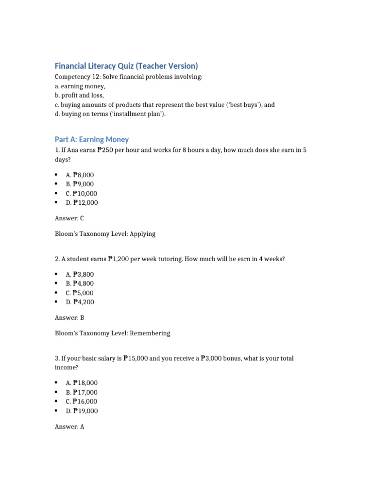 Financial Literacy Quiz Teacher Version | PDF | Prices | Income Statement