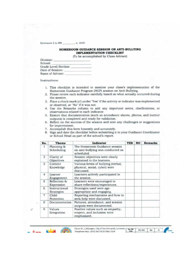 Homeroom Guidance Session On Anti Bullying Implementation Checklist ...