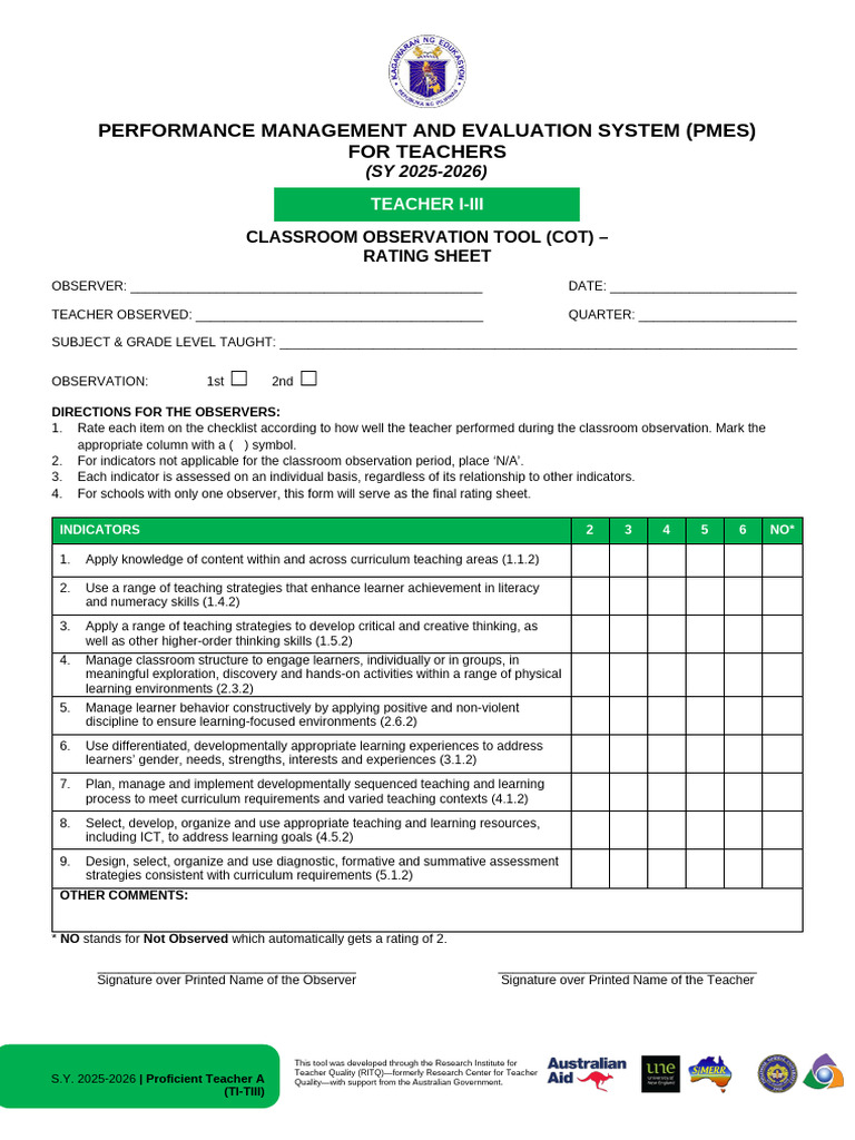 Classroom Observation Tool Cot Rating Sheet | PDF | Teachers | Curriculum