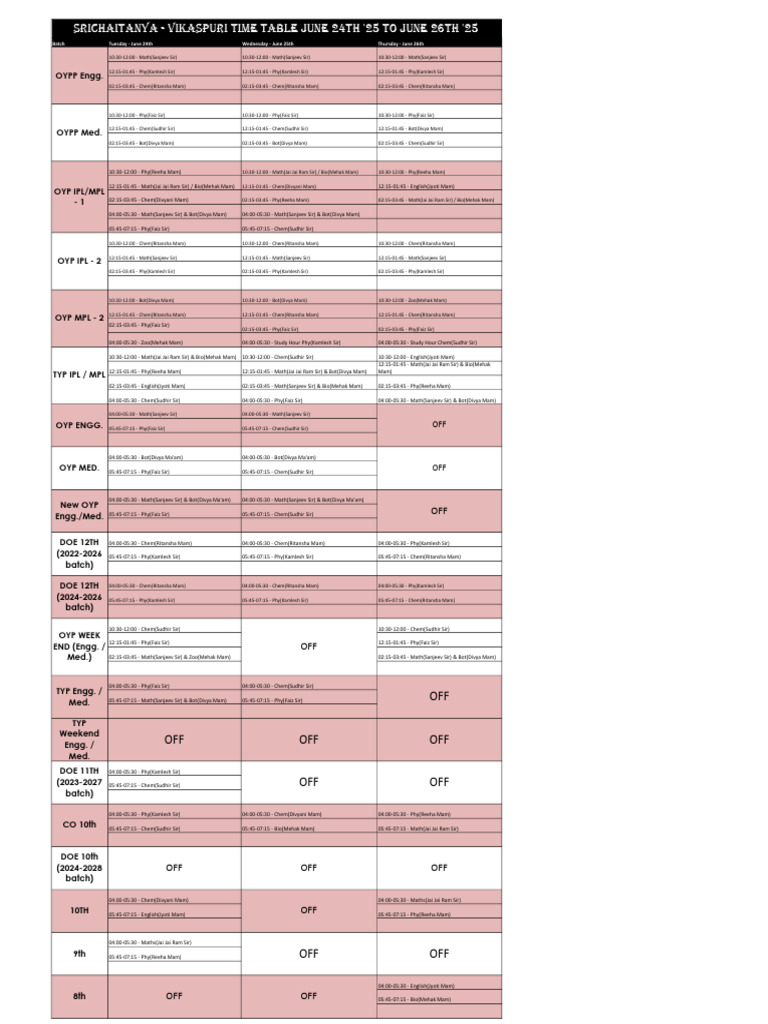 Time Table - June 24th, 2025 To June 26th, 2025 | PDF