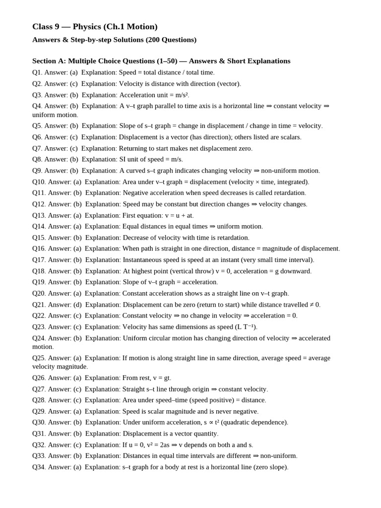 Physics Ch1 Motion Class9 Answers Sheet | PDF | Velocity | Acceleration
