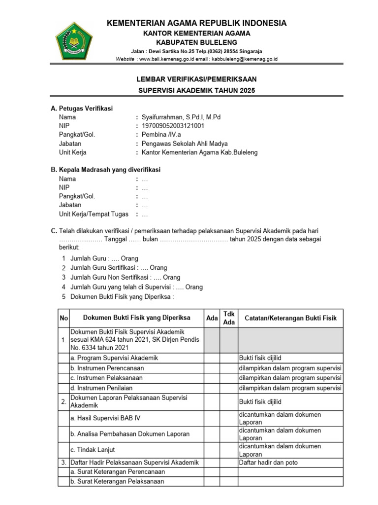 Lembar Verifikasi Supervisi Akademik MI Tahun 2025 | PDF