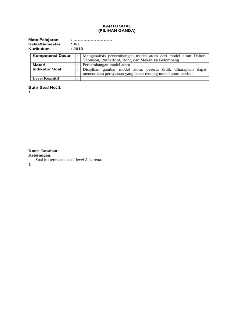 Kartu Soal Model Atom Kelas X | PDF