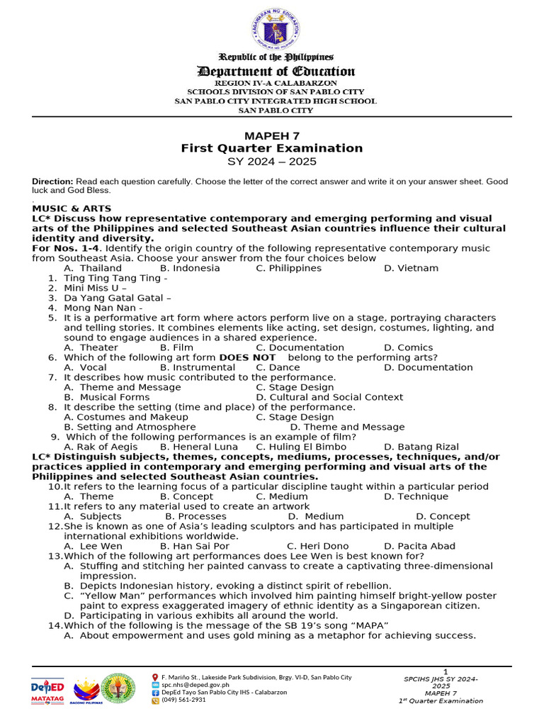 g7 Mapeh 1q Test Tos Key Sy 2024 2025 | PDF | Mental Health | Adolescence