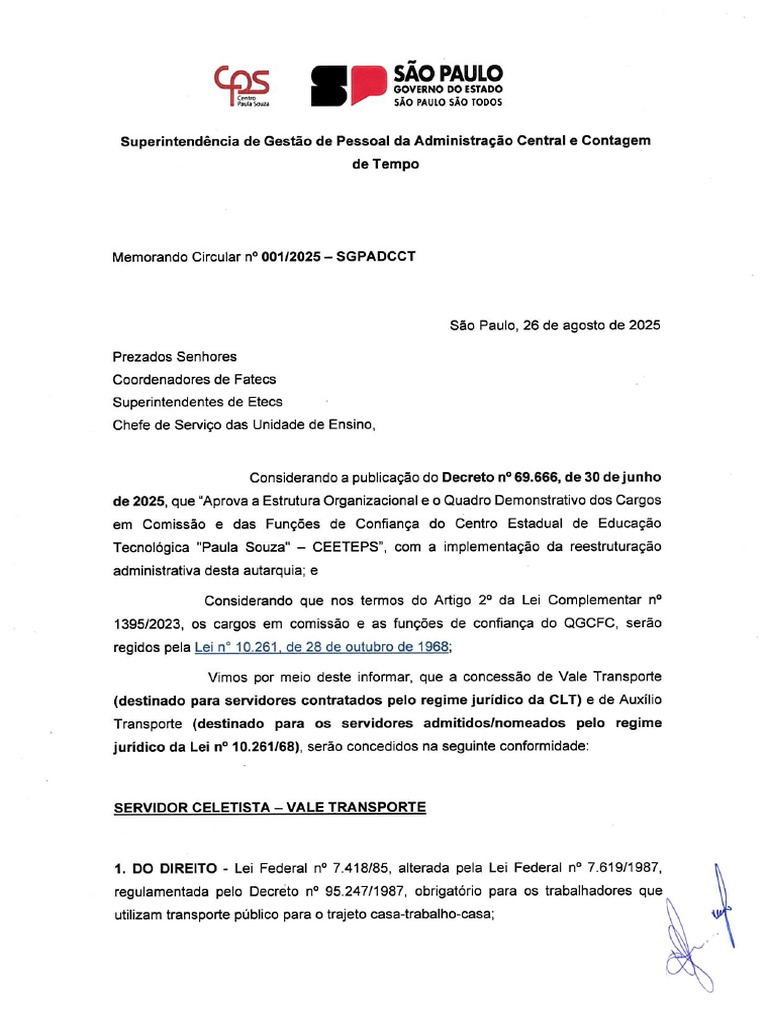 Memorando Circular 001 - 2025-Vale Transporte | PDF