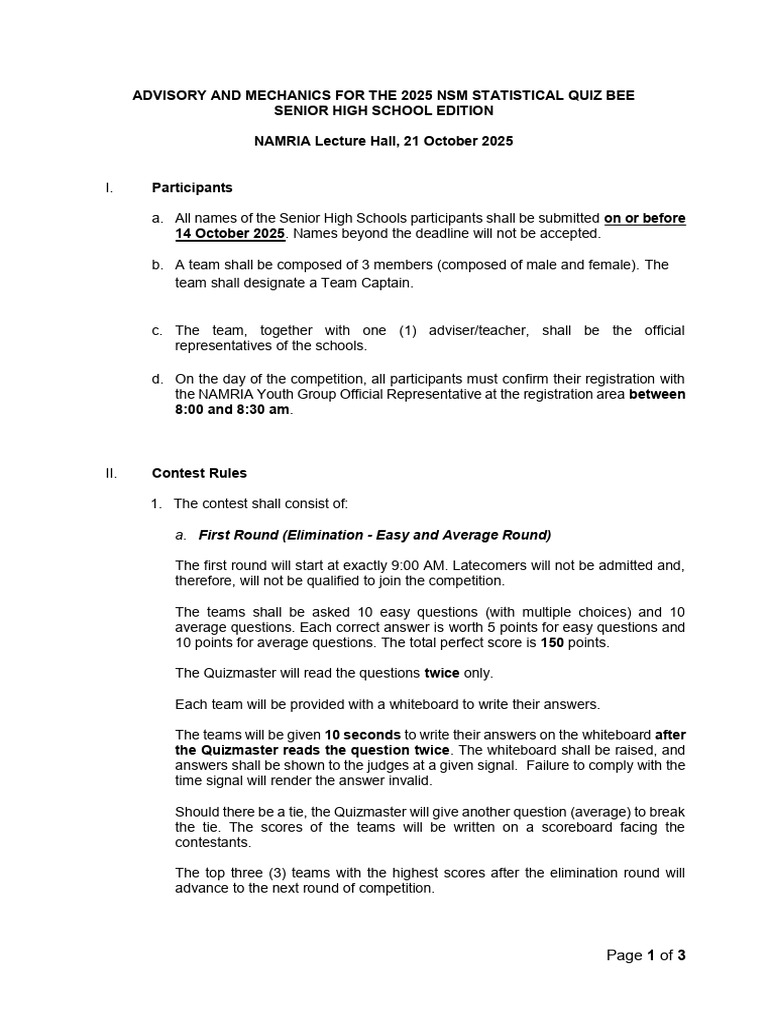 2025 NSM Statistical Quiz Bee Guide | PDF