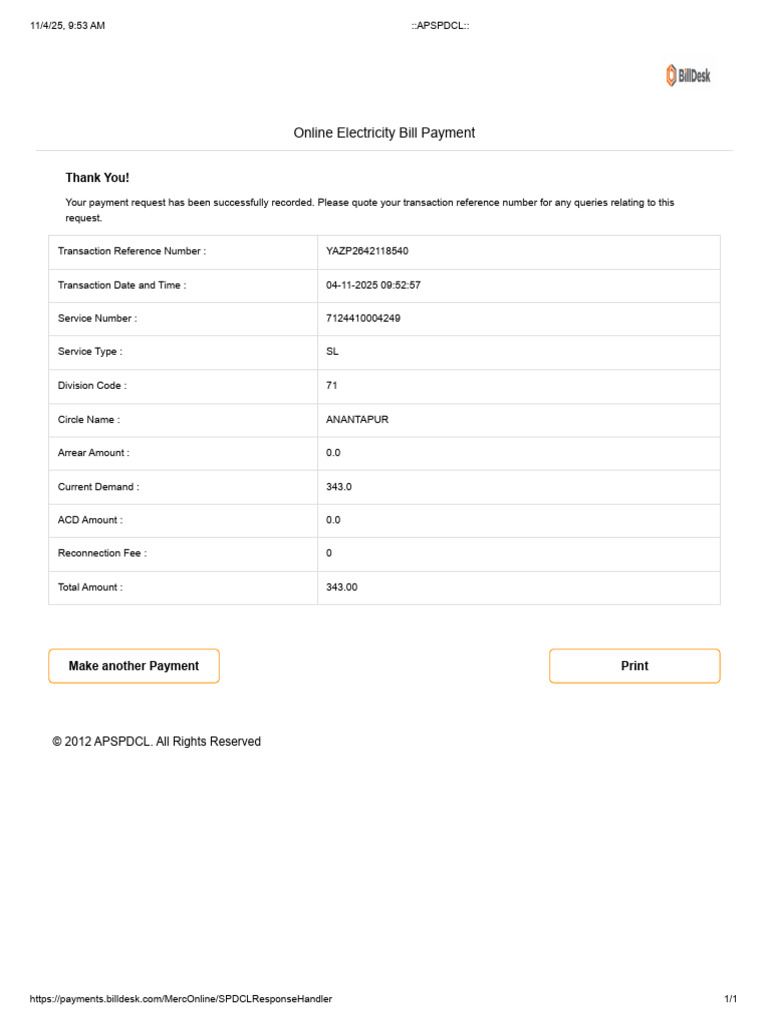 APSPDCL Online Bill Payment Confirmation | PDF