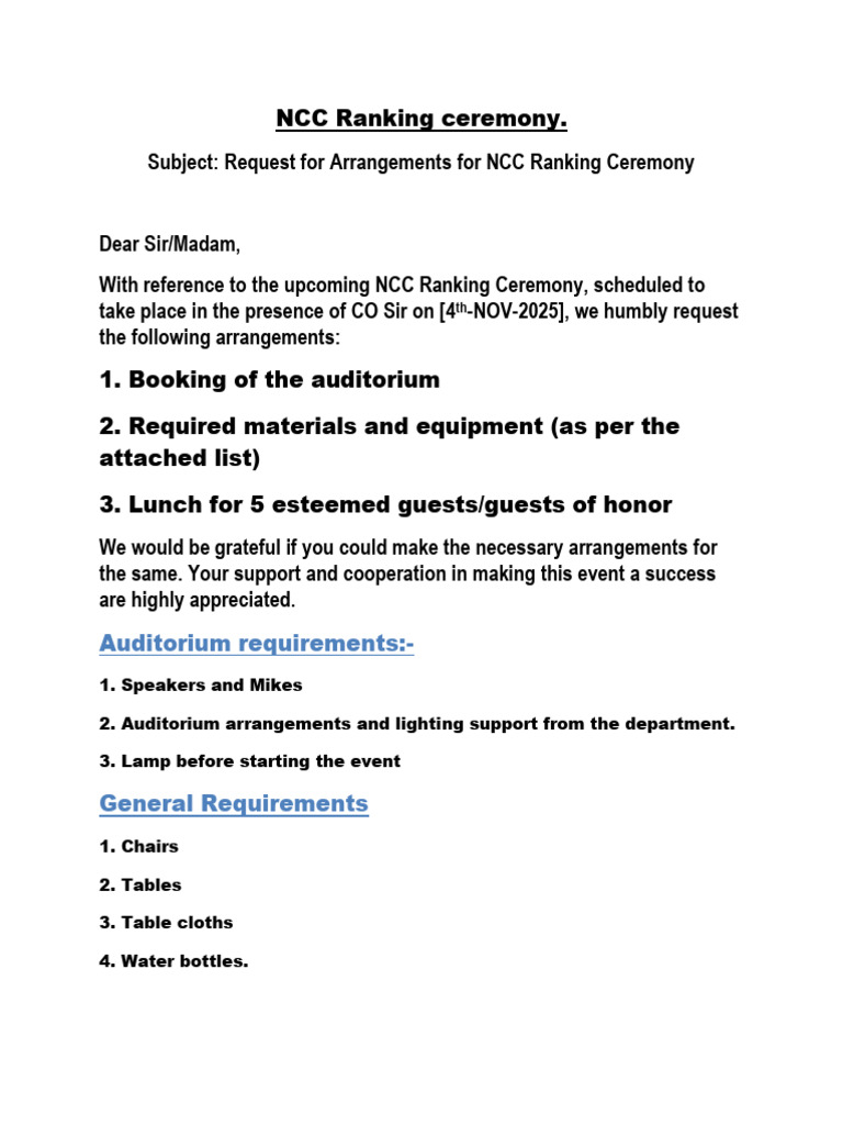 NCC Ranking Ceremony Arrangements Guide | PDF